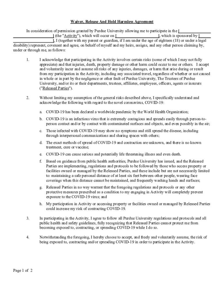 Fillable Online boilerlink purdue Waiver, Release And Hold Harmless Agreement - BoilerLink Fax ...