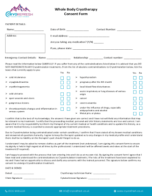 Fillable Online Whole Body Cryotherapy Consent Form Fax Email Print ...