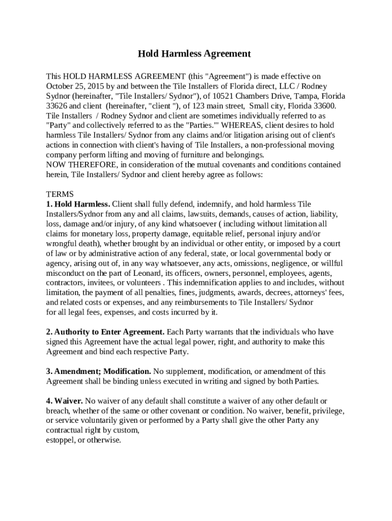 Hold Harmless Agreement - Stone Mart Tile Installers Doc Template | pdfFiller