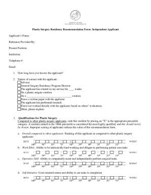 Fillable Online Plastic Surgery Residency Recommendation Form: Independent ... Fax Email Print ...
