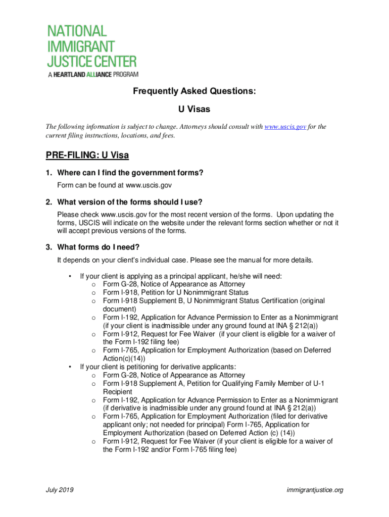 Fillable Online Frequently Asked Questions: U Visas PRE-FILING: U Visa ...