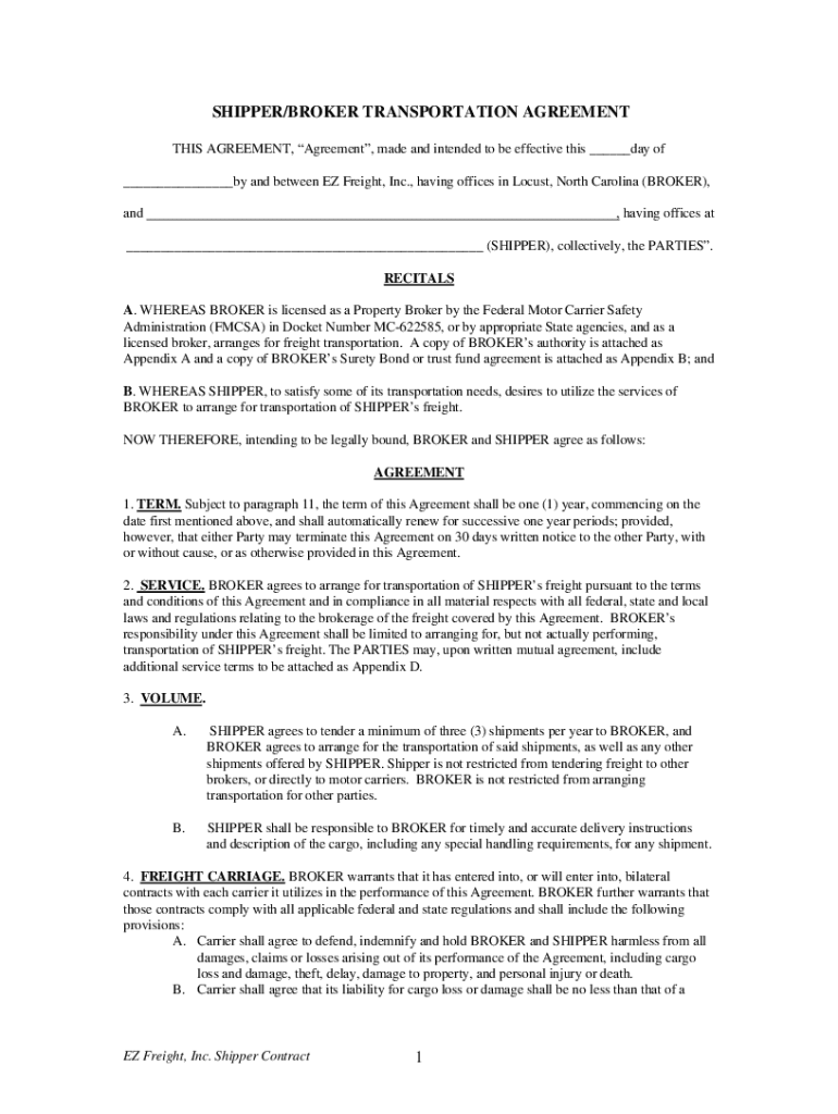 Fillable Online 1 SHIPPER/BROKER TRANSPORTATION AGREEMENT Fax Email ...