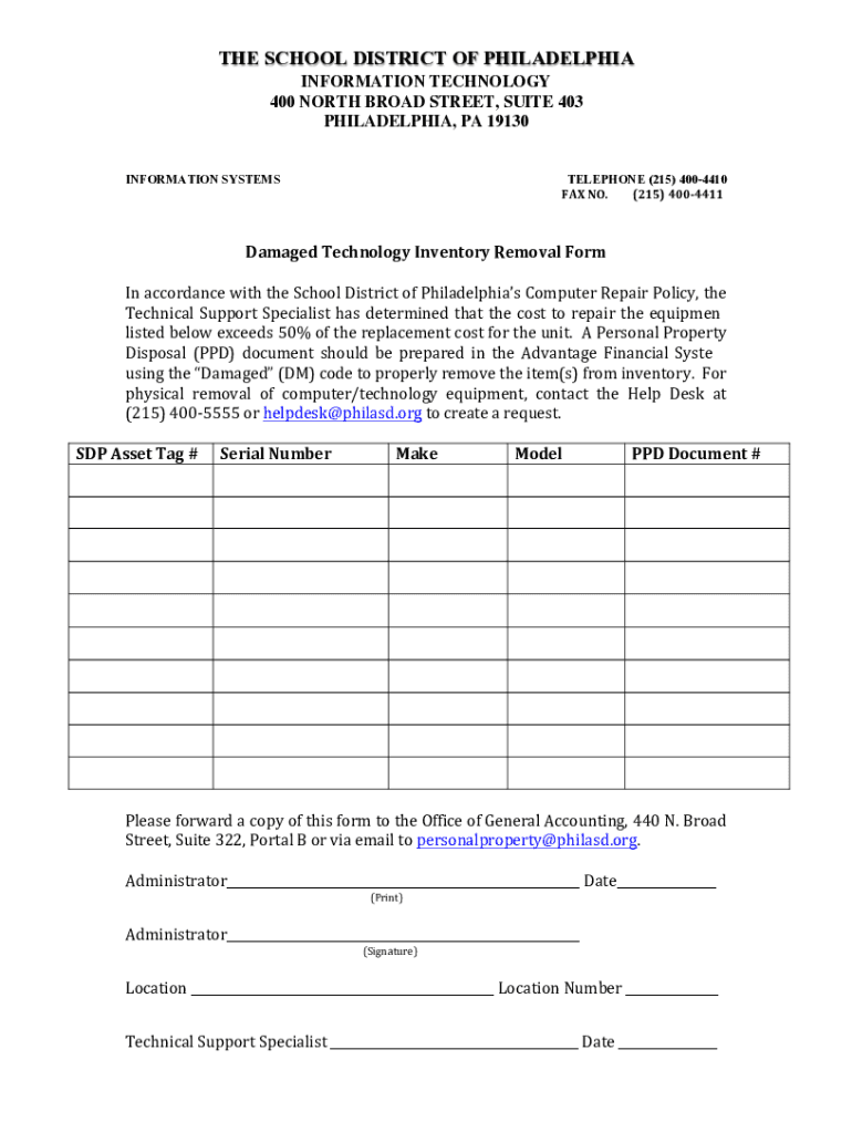 Fillable Online Damaged Technology Inventory Removal Form Fax Email ...
