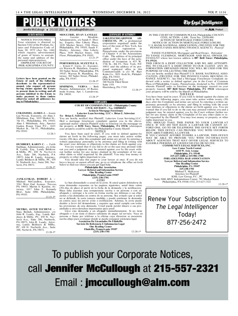 Fillable Online PUBLIC NOTICES To publish your Corporate Notices, call ...