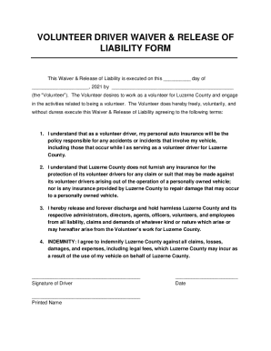 Fillable Online Volunteer Driver Waiver & Release of Liability Form Fax ...
