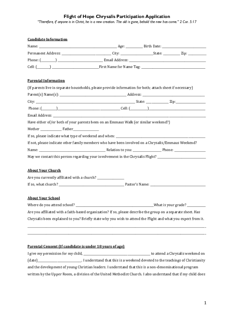 Fillable Online Flight of Hope Chrysalis Participation Application 1 ...