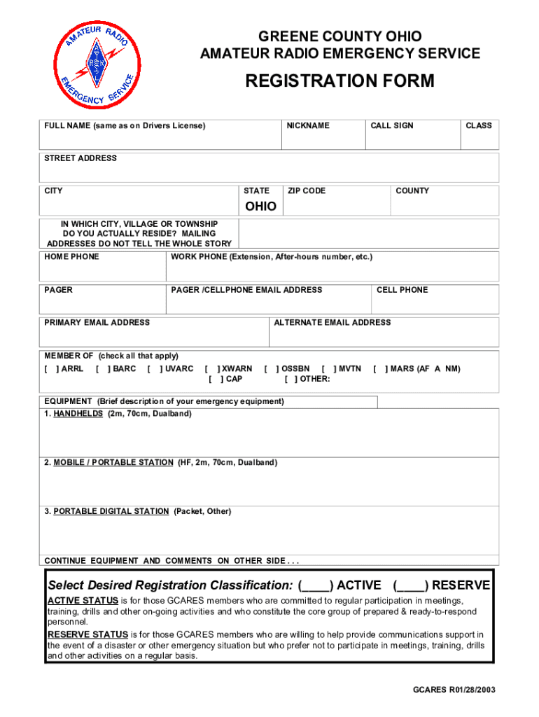 Fillable Online greene county ohio amateur radio emergency service Fax ...