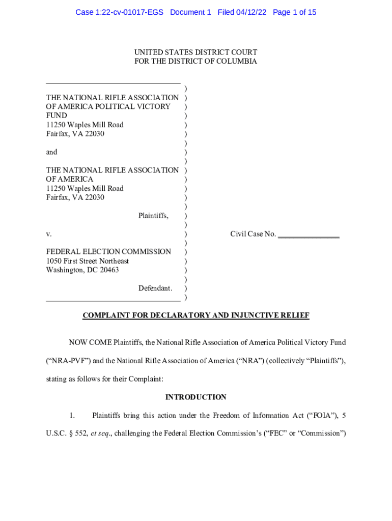 Fillable Online Complaint for Declaratory and Injunctive Relief, filed 04/12/2022. Complaint for ...