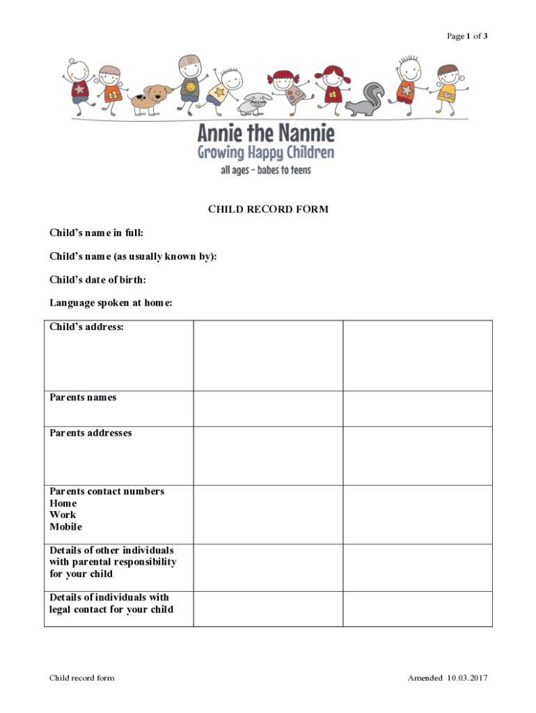 Fillable Online CHILD RECORD FORM Child's name in full Fax Email Print ...