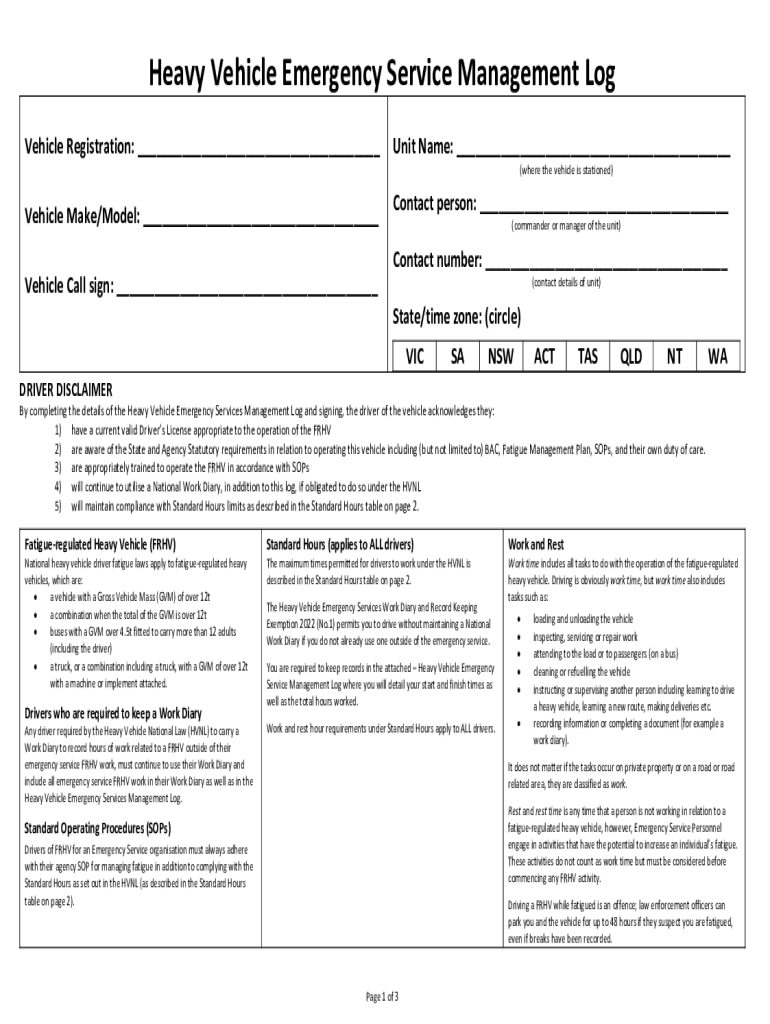 Fillable Online Heavy Vehicle Emergency Service Management Log Fax ...