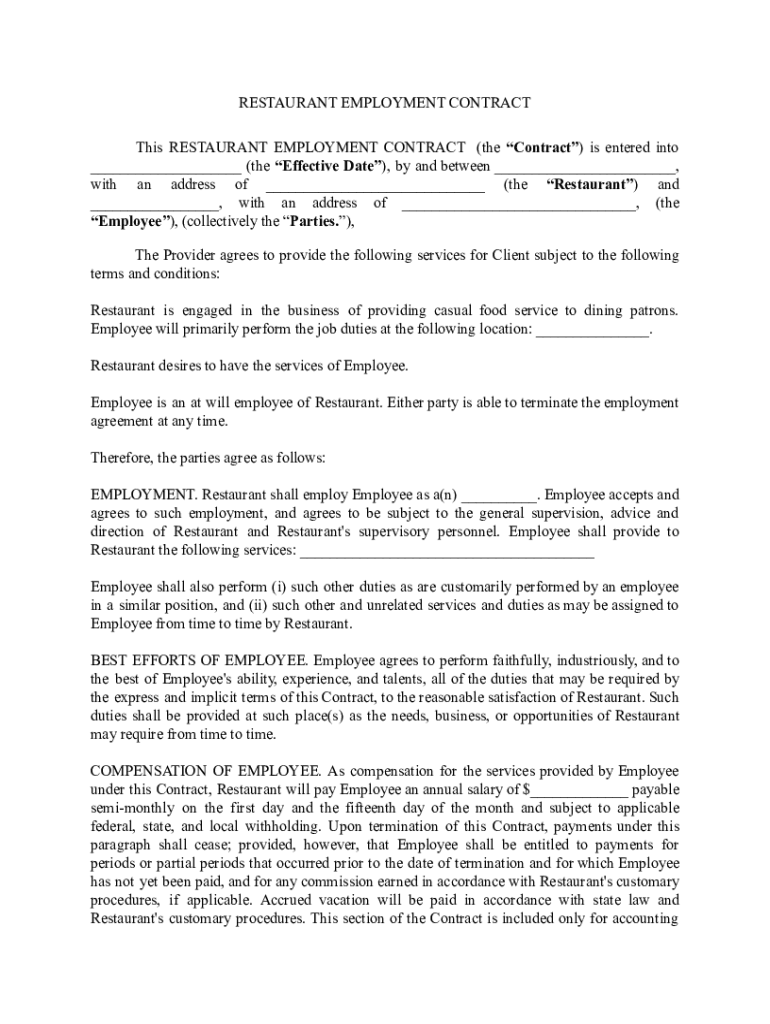 Fillable Online Restaurant Employment Agreement Template - ApproveMe ...