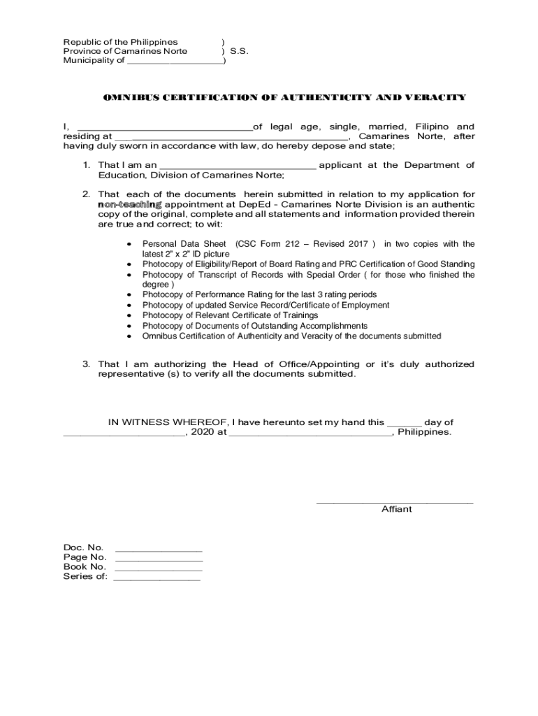Fillable Online OMNIBUS CERTIFICATION OF AUTHENTICITY AND VERACITY I ...