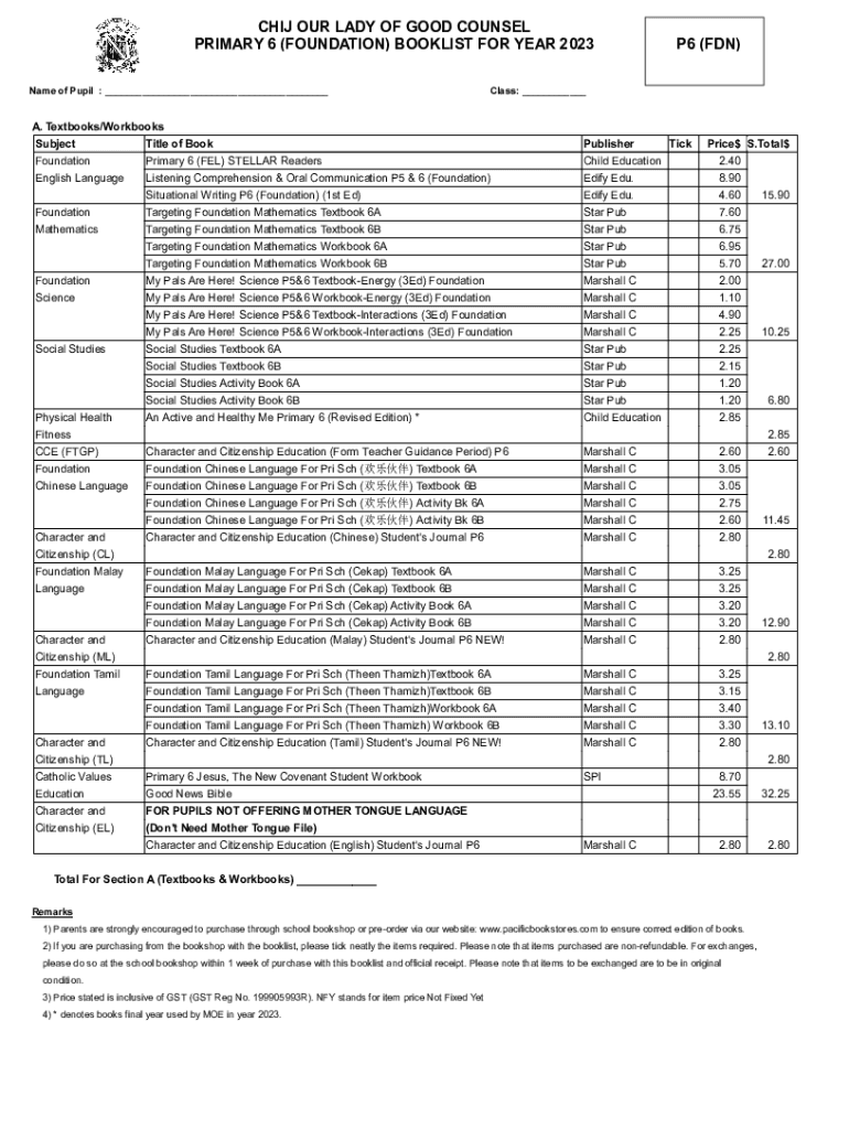 Fillable Online 2023 P6 (STD) - CHIJ Our Lady of Good Counsel Fax Email ...