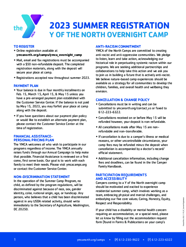Fillable Online Overnight CampAges 7 - 17YMCA of the North Fax Email ...