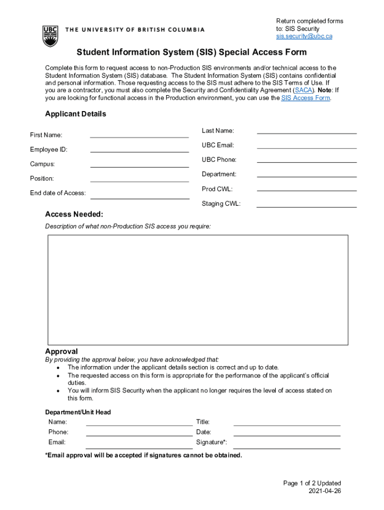 Fillable Online facultystaff students ubc SIS Special Access Form and ...