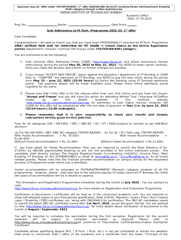 Fillable Online Specimen copy for Direct Admission Offer Letter (TA/TAP ...