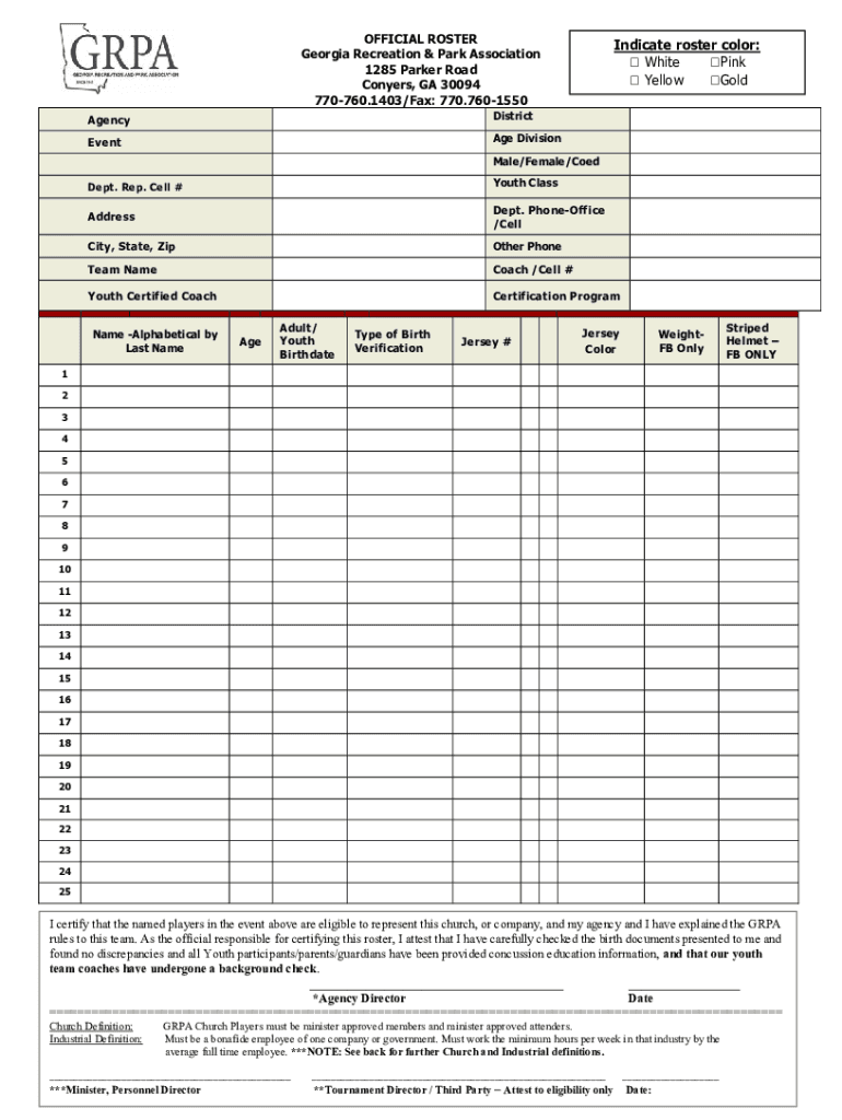 Fillable Online 2018 GRPA Athletic Roster Form - 25 players Fax Email ...