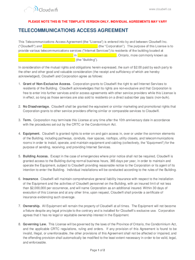 Fillable Online TELECOMMUNICATIONS ACCESS AGREEMENT - Cloudwifi Fax ...