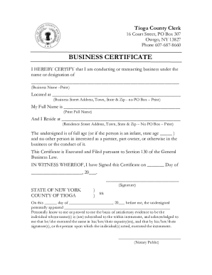 Fillable Online CERTIFICATE OF BUSINESS - Tioga County, NY Fax Email ...
