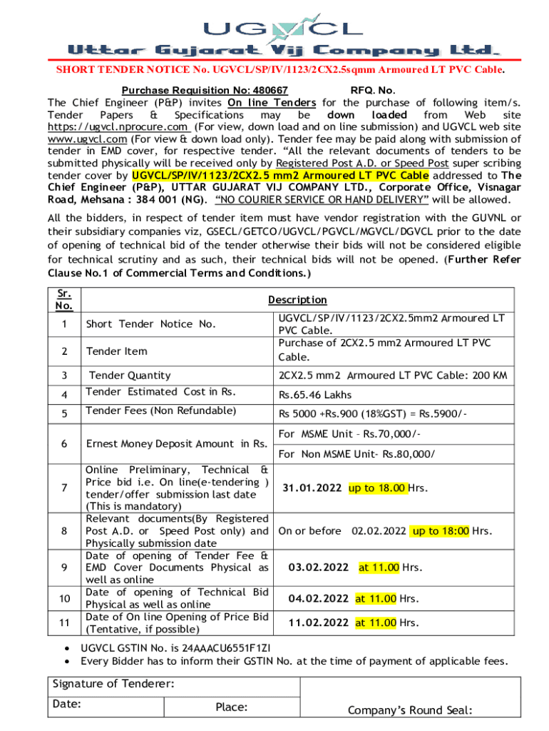 Fillable Online TENDER NOTICE No. UGVCL/SP/III/725/LT BILL FORM Fax ...