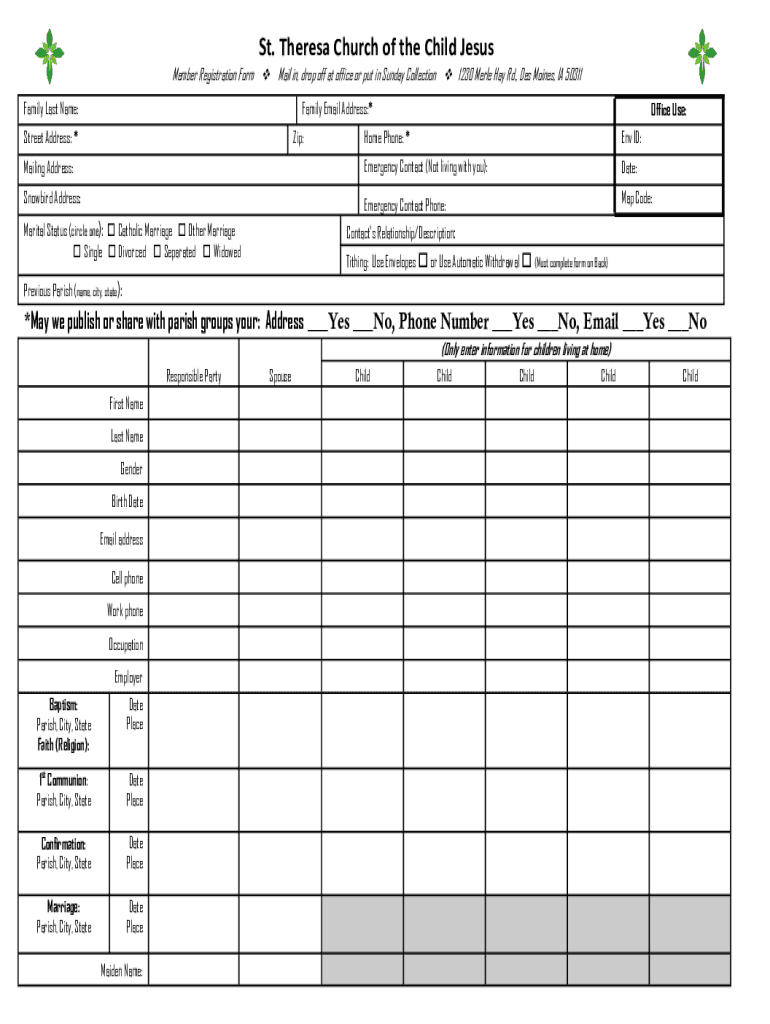 Fillable Online St. Theresa Church of the Child Jesus - Parishes Online ...
