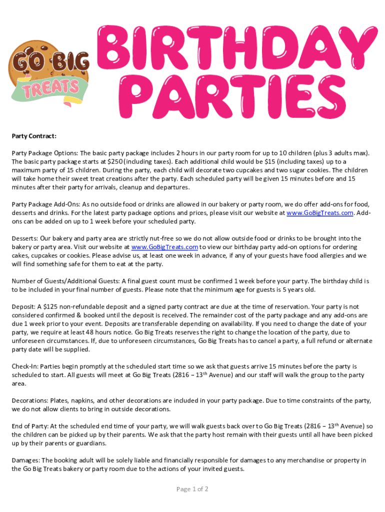 Fillable Online Party Contract: Party Package Options - Go Big Treats ...