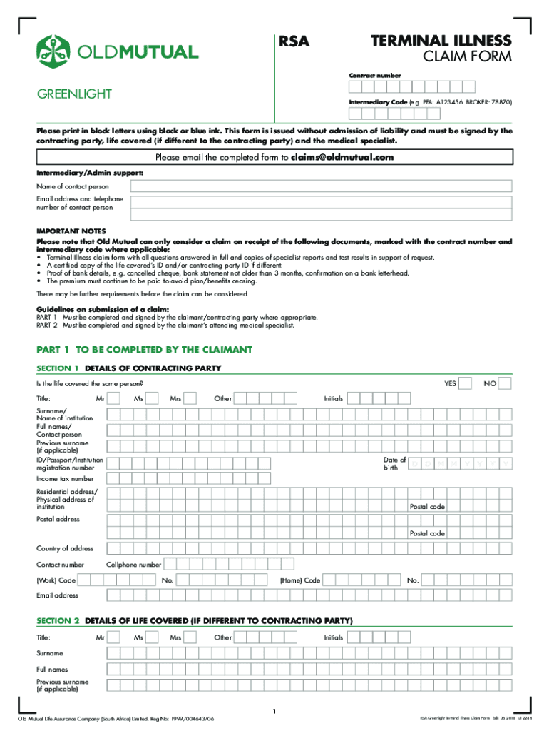 Fillable Online RSA TERMINAL ILLNESS CLAIM FORM Fax Email Print - pdfFiller