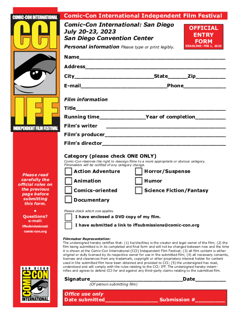 Fillable Online Comic-Con Film Festival's submissions are open! Fax ...