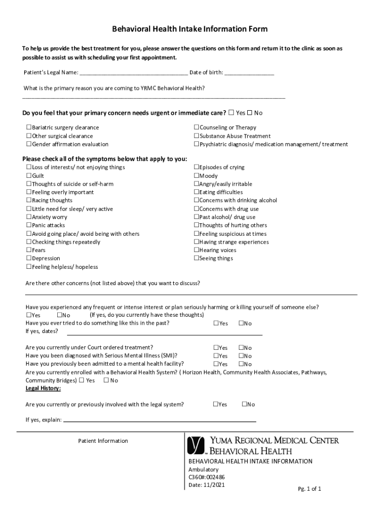 Fillable Online Mental Health Intake Form Template for Hospitals Fax ...