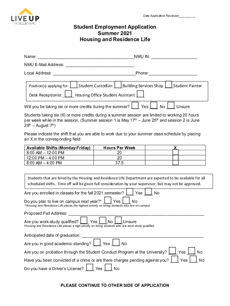 Fillable Online Housing and Residence Life Office Application for ...