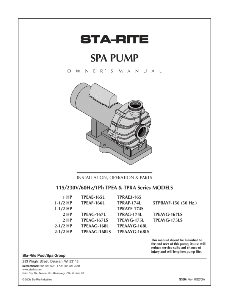 Fillable Online STA-RITE MAX-E-PRO HIGH EFFICIENCY POOL AND ... Fax ...