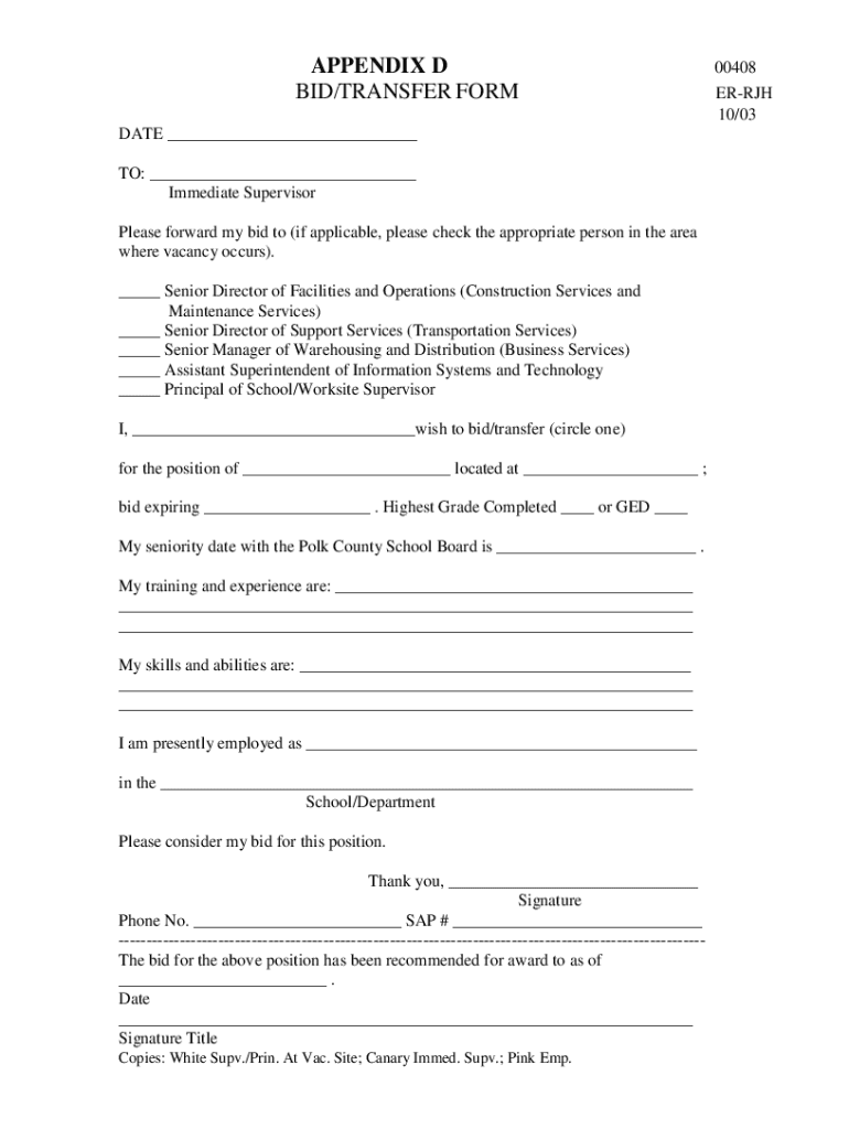 Fillable Online APPENDIX D BID/TRANSFER FORM Fax Email Print - pdfFiller