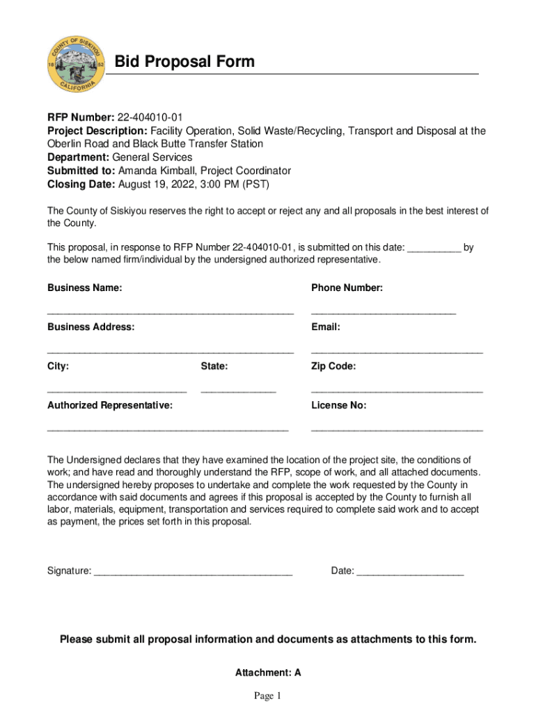 Fillable Online RFP- Bid Proposal Form - Siskiyou County Fax Email ...