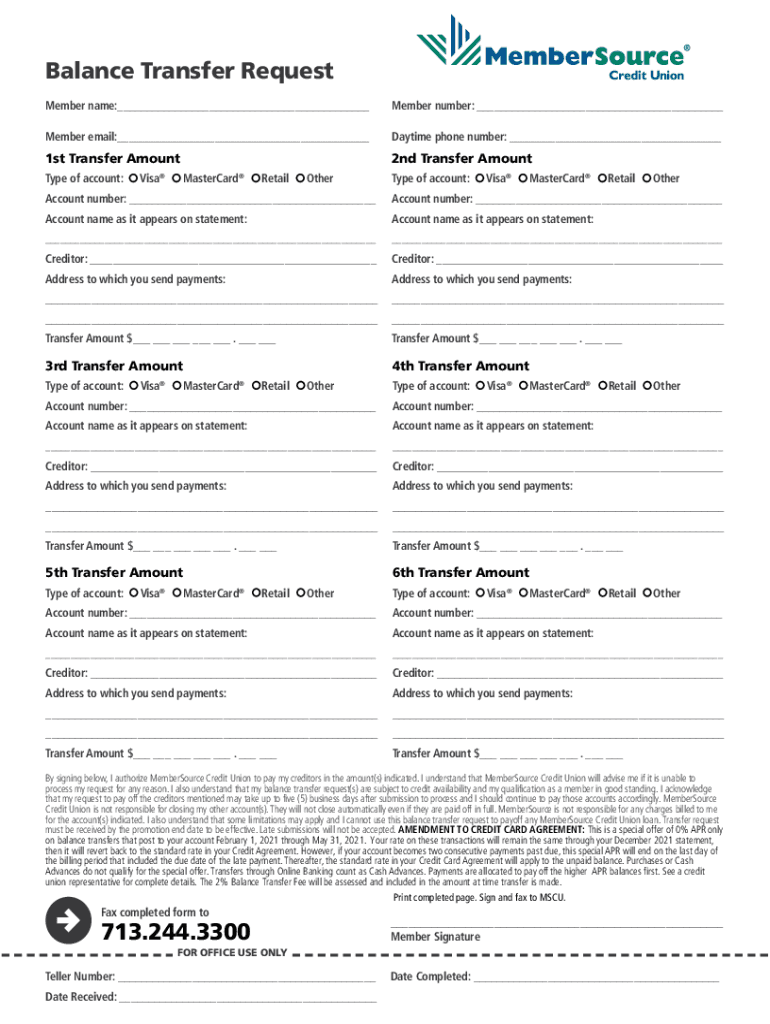 Fillable Online Visa Balance Transfer Request Form Fax Email Print ...