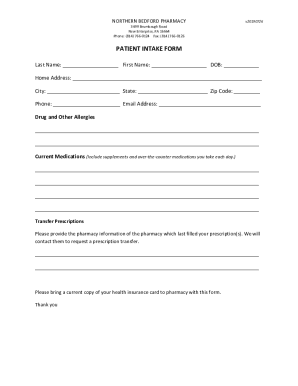 Fillable Online PATIENT INTAKE FORM - Northern Bedford Pharmacy Fax ...