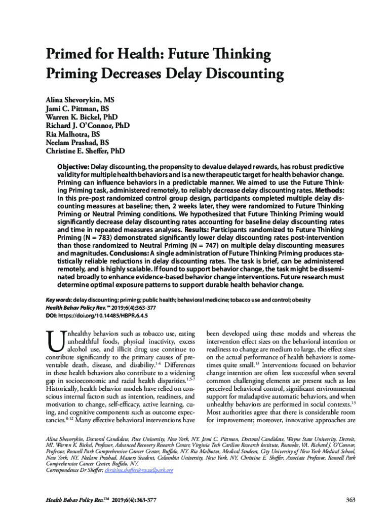 Fillable Online Primed for Health: Future Thinking Priming Decreases Delay ... Fax Email Print ...