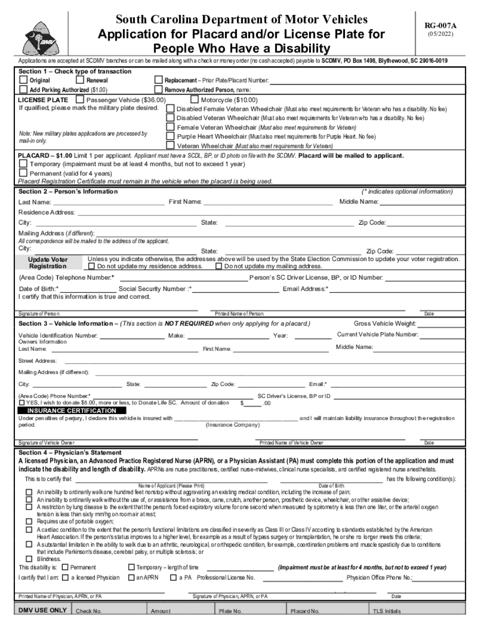 SC RG-007A 2022-2024 Form - Printable Blank PDF Online