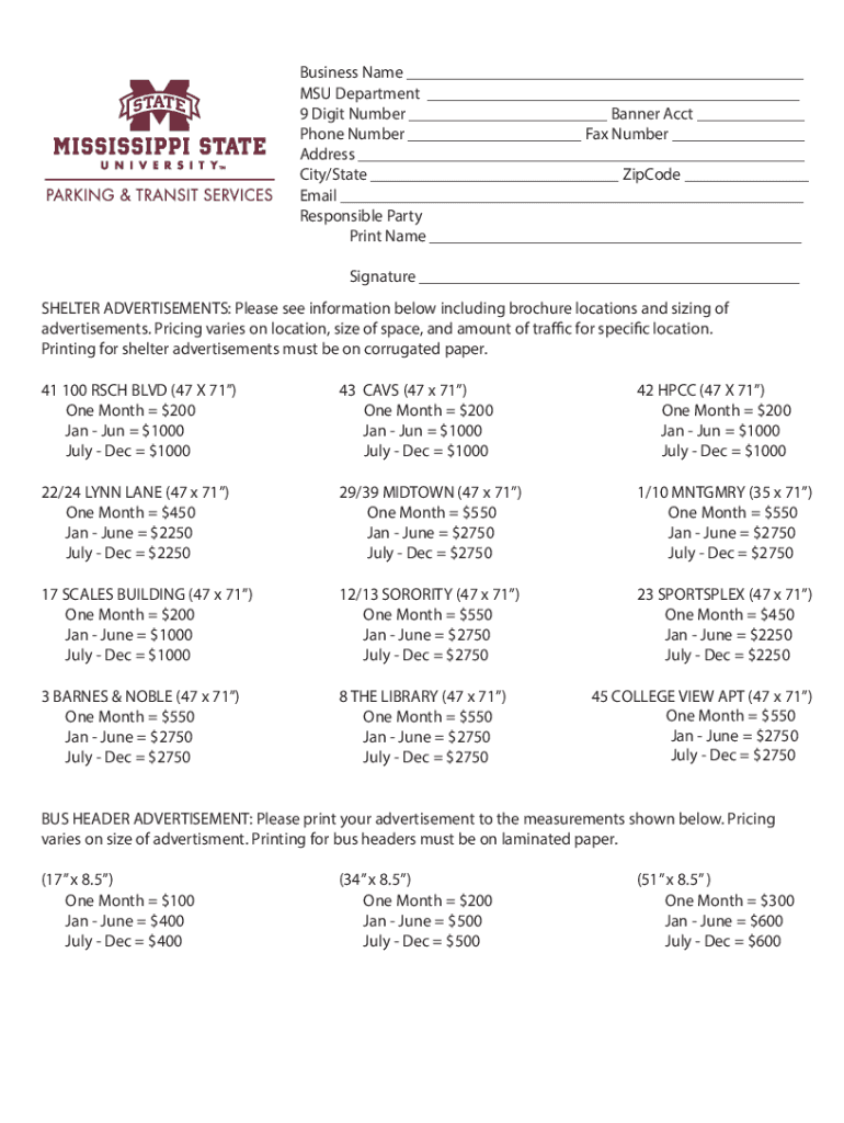 Fillable Online Advertising Agreement ApplicationStarkville-MSU Area Rapid Transit Fax Email ...