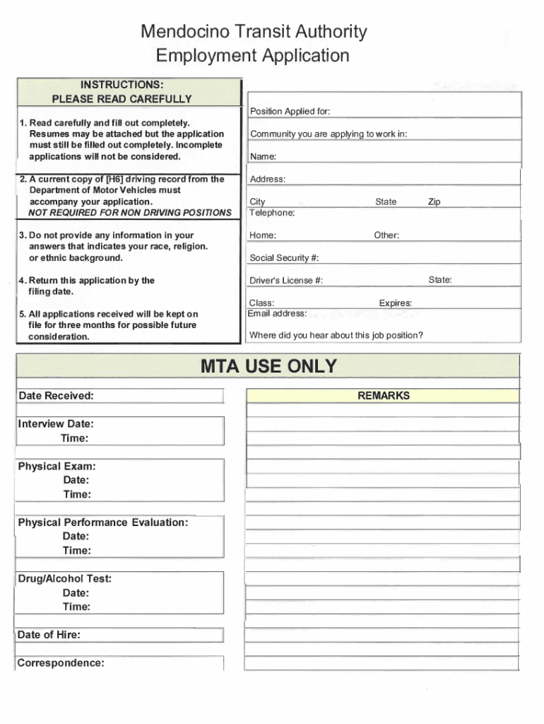 Fillable Online Mendocino Transit Authority Employment Application MTA ...
