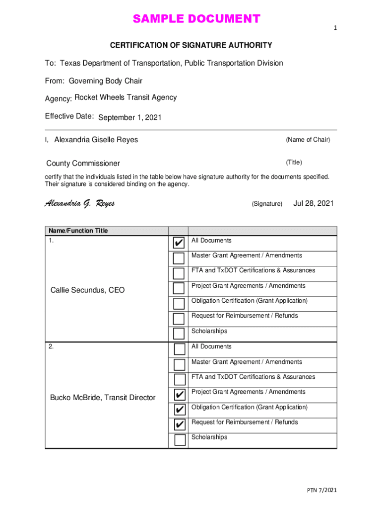 Fillable Online ftp txdot Sample Signature Authority Form. Sample ...