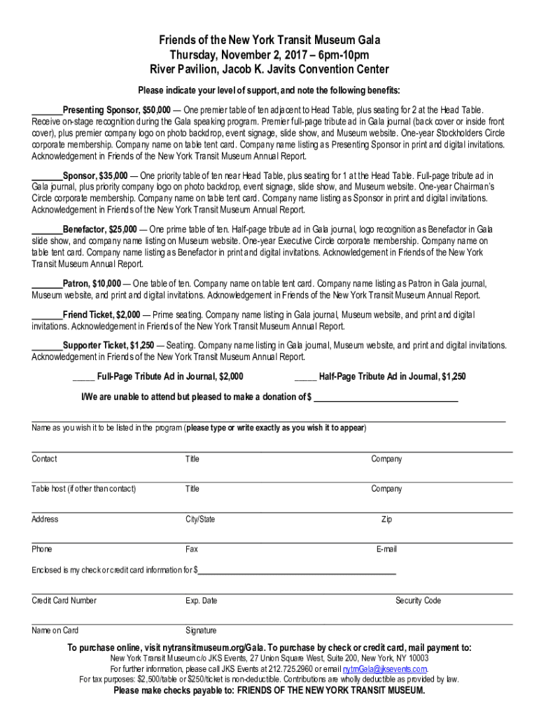 Fillable Online Friends of the New York Transit Museum Gala Thursday ...