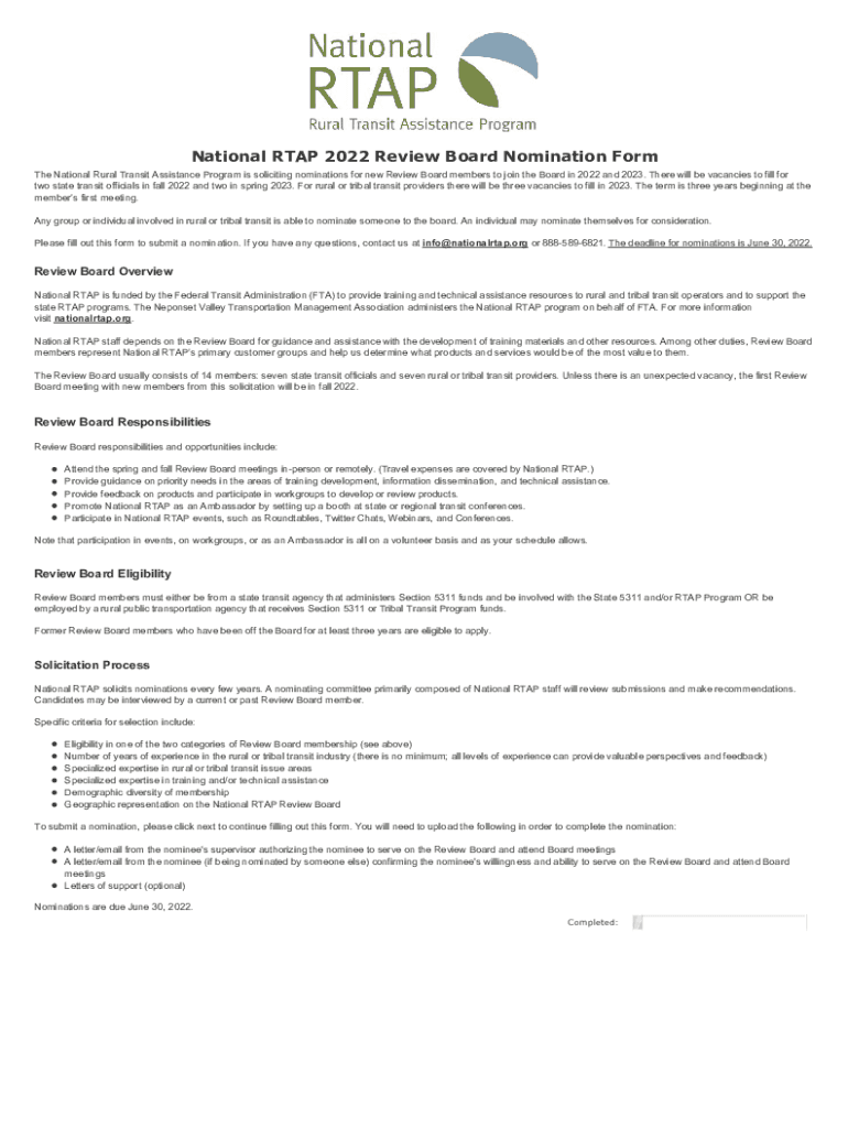 Fillable Online National RTAP 2022 Review Board Nomination Form Fax Email Print - pdfFiller