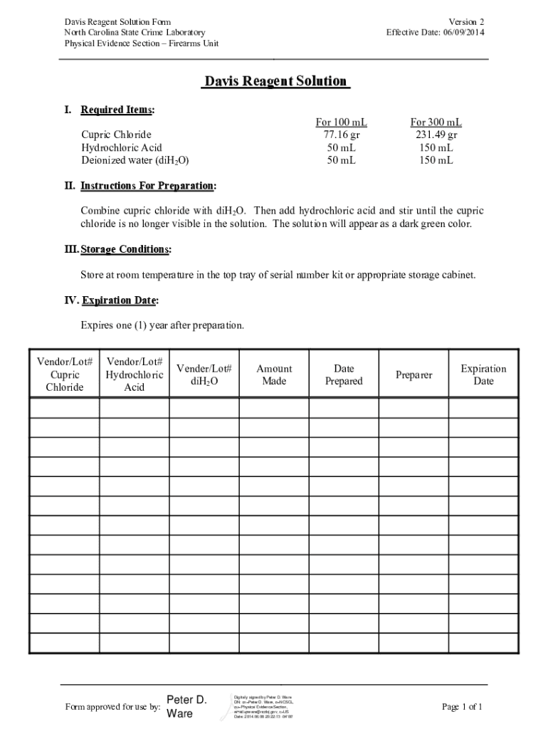 Fillable Online Davis Reagent Solution Form, 6-9-2014.docx Fax Email ...