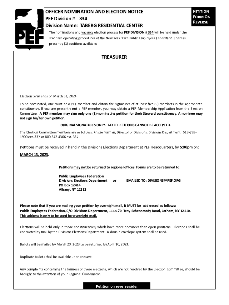Fillable Online OFFICER NOMINATION AND ELECTION NOTICE PEF Division ...
