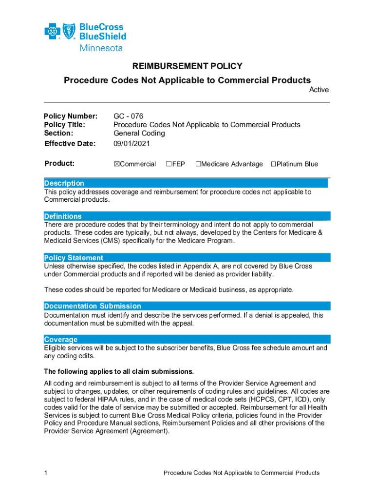Fillable Online REIMBURSEMENT POLICY Procedure Codes Not Applicable to ...