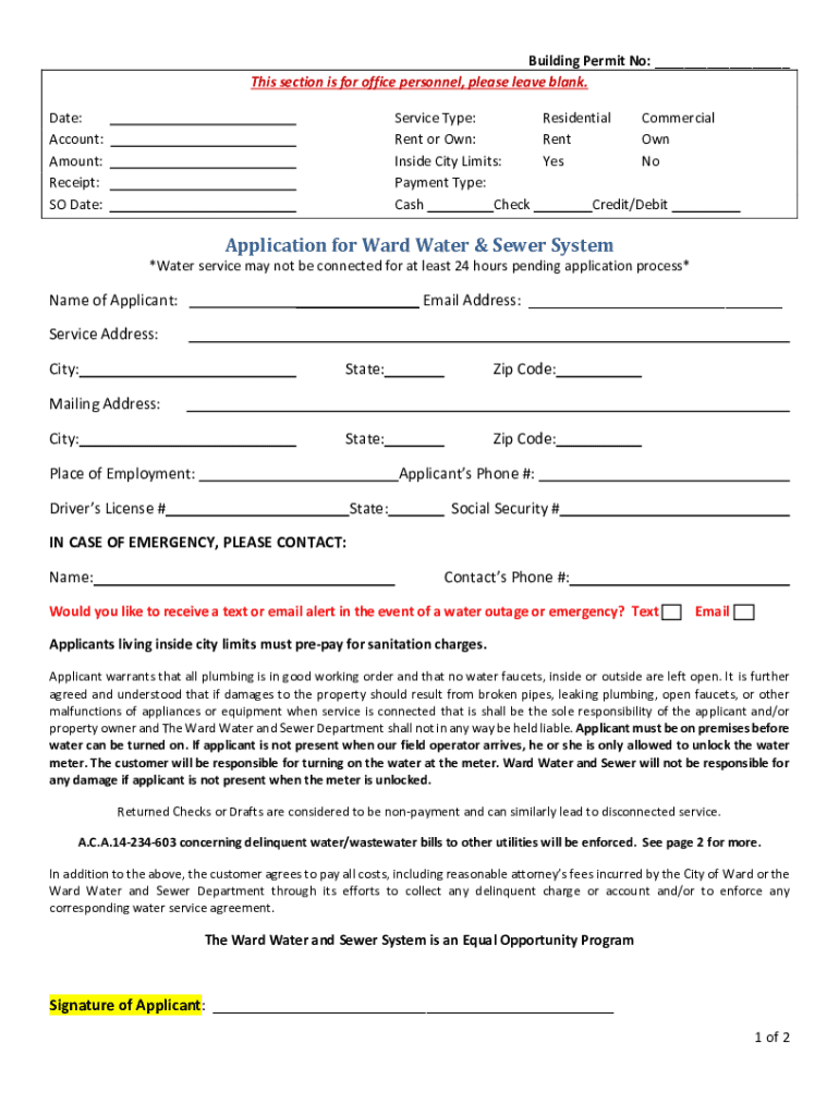 Fillable Online Application for Ward Water & Sewer System Fax Email ...