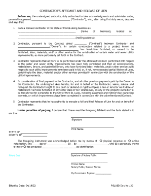 Fillable Online CONTRACTOR'S AFFIDAVIT AND RELEASE OF LIEN Fax Email Print - pdfFiller