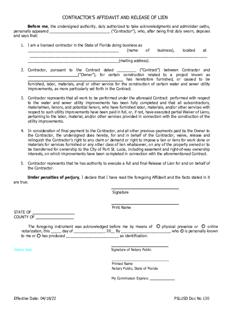 Fillable Online CONTRACTOR'S AFFIDAVIT AND RELEASE OF LIEN Fax Email ...