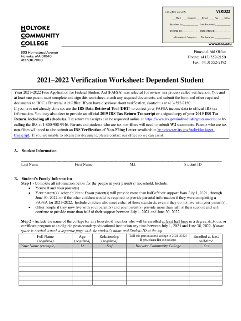 Fillable Online 20212022 Verification Worksheet: Dependent Student Fax Email Print - pdfFiller