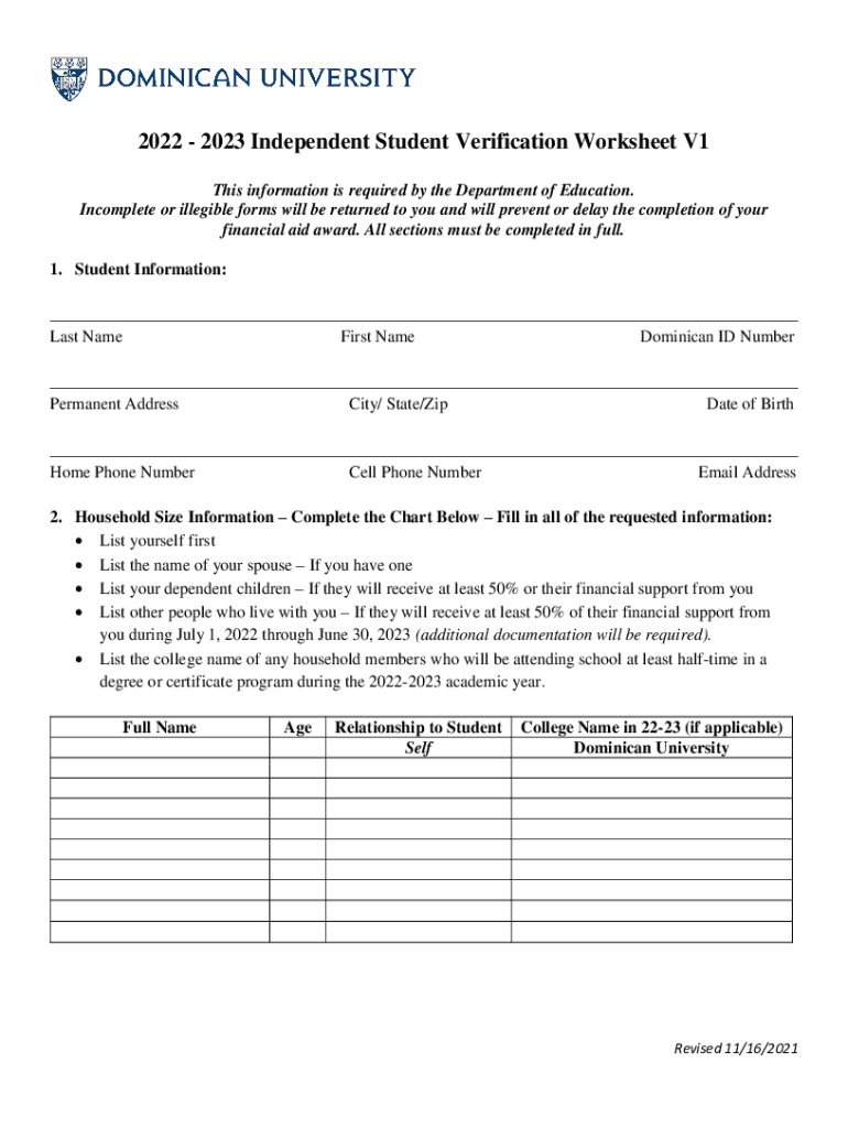 Fillable Online 2022 - 2023 Independent Student Verification Worksheet V1 Fax Email Print ...